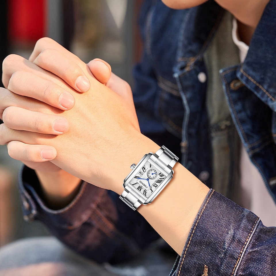 Mens Waterproof Rectangle Watch Roman Numerals Dial Quartz Date ...