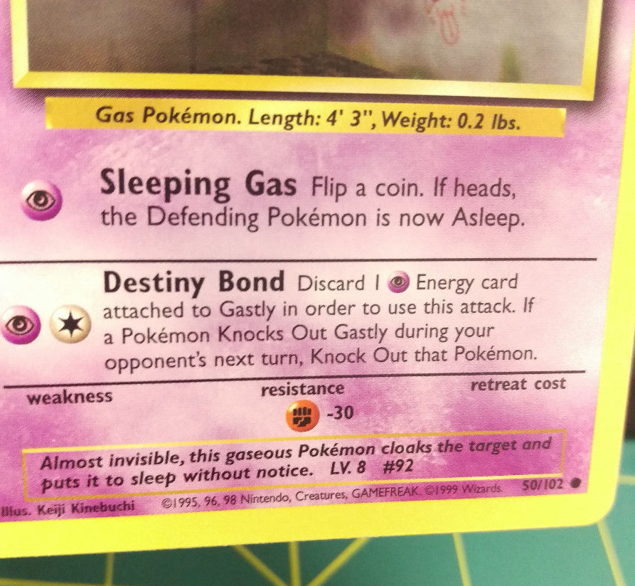 Gastly Pokemon Card 50/102 Basic Pokemon 30HP Great shape! Gas Pokemon ...