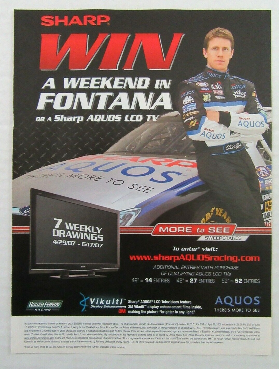 2007 SHARP AQUOS RACING / NASCAR Driver CARL EDWARDS Magazine Print Ad ...