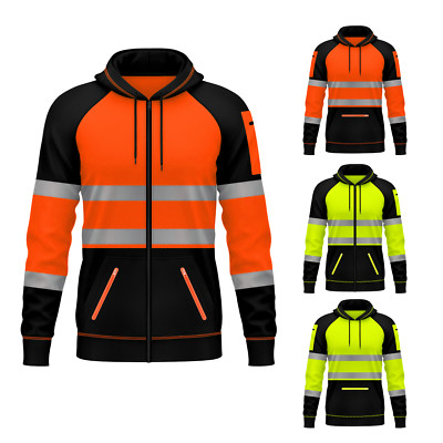 Hi Viz Vis High Visibility Hoodie 3 Zips Work Pullover Hooded Top ...