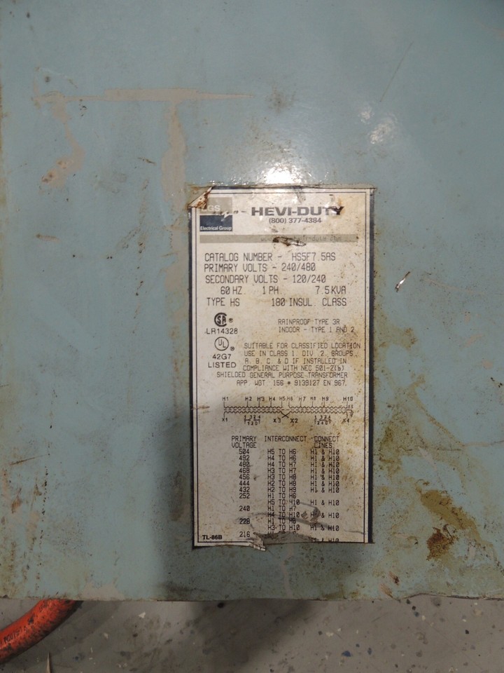 EGS Hevi-Duty HS5F7.5AS Transformer 7.5 KVA P240/480V S120/240V 1PH ...