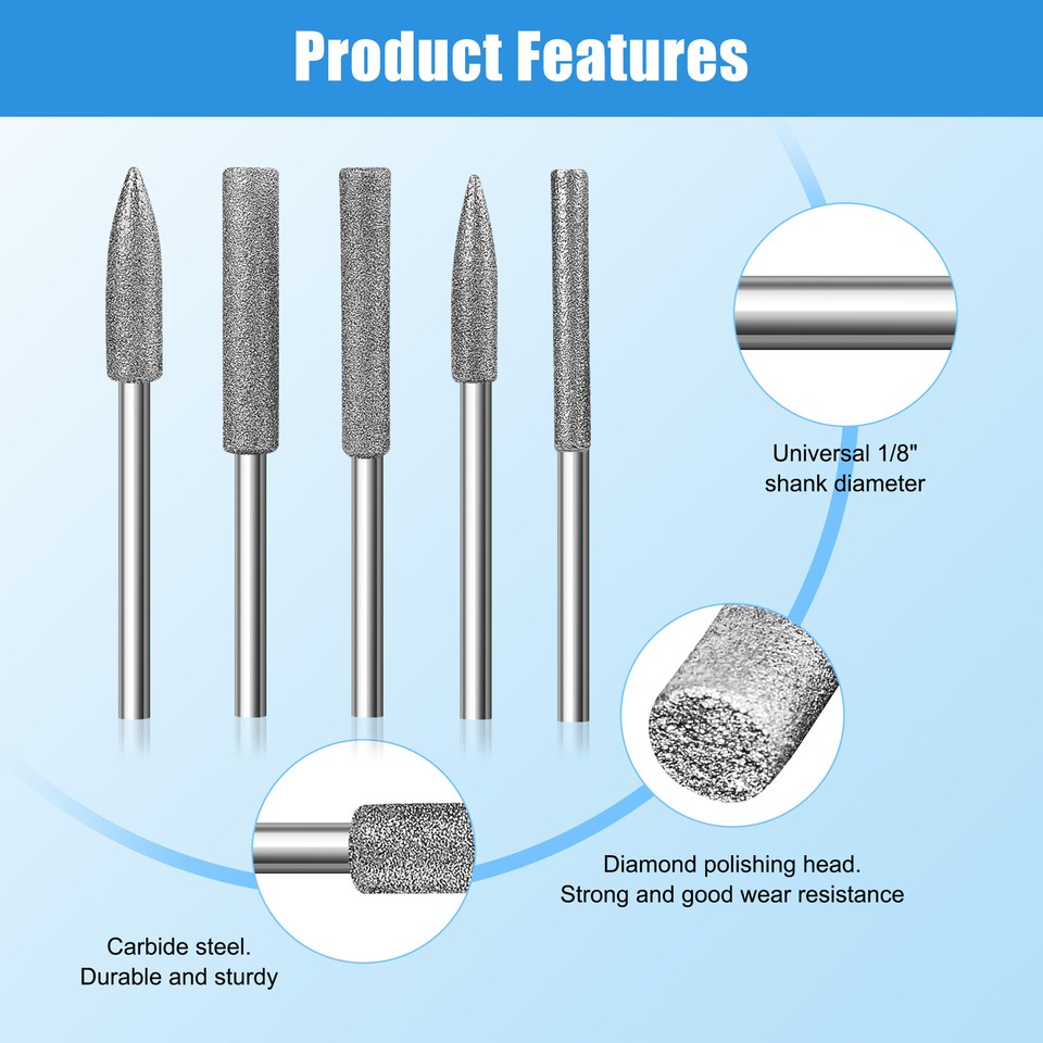 11Pcs 1/8" Diamond Burr Bit Set Cutting Carving Grinding for Dremel ...