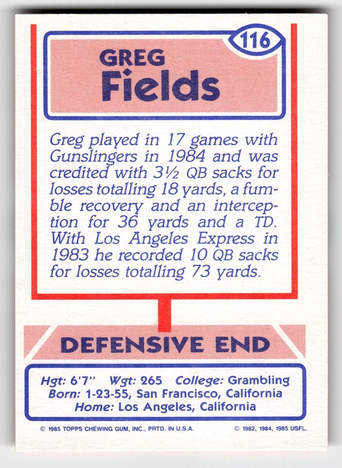1985 Topps USFL FOOTBALL Greg Fields #116 SA Gunslingers HIGH GRADE ...