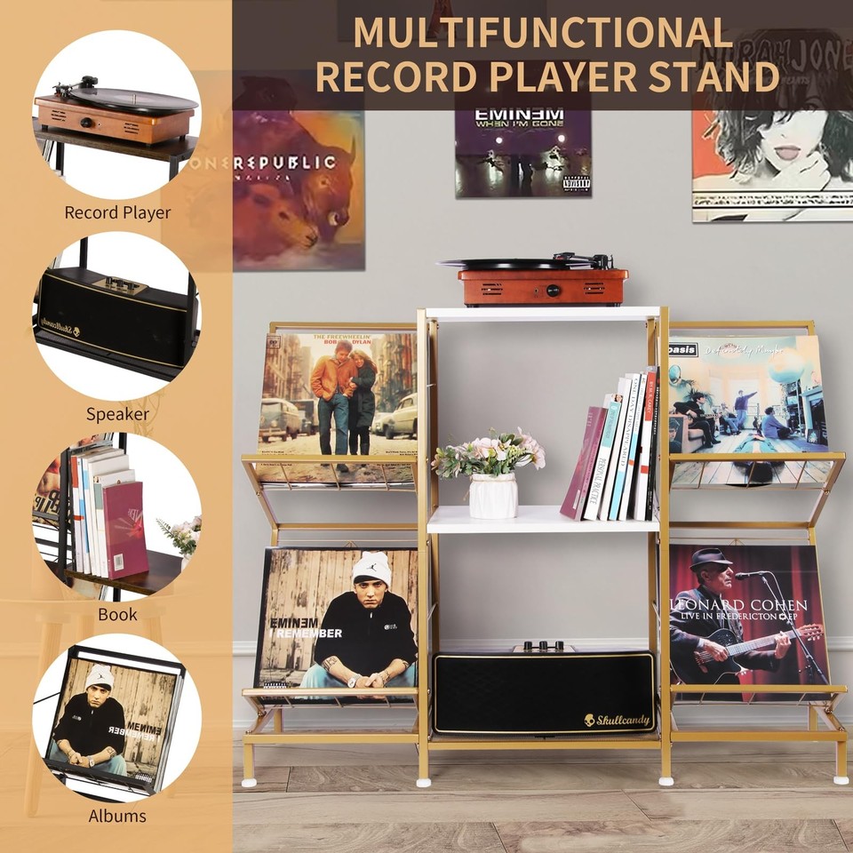 Record Player Stand with Vinyl Record Storage, Turntable Stand with 4 ...