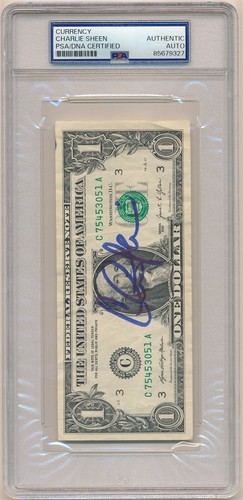 CHARLIE SHEEN SIGNED AUTOGRAPH WALL STREET $1 ONE DOLLAR PSA AUTHENTIC ...
