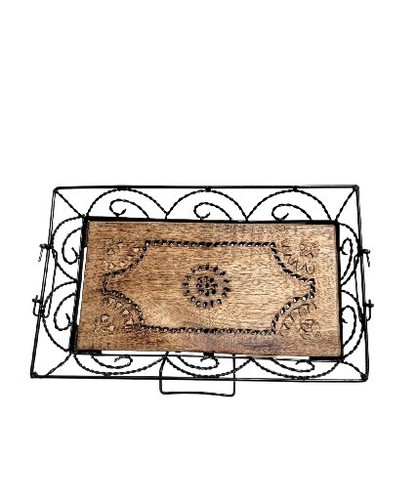 Decorative Metal Tray Wood Bottom Handles Wooden Bread Basket 14x9 ...