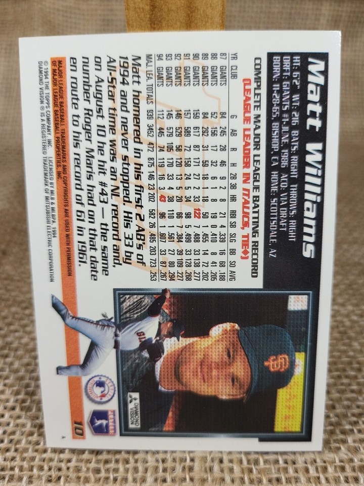 1995 Topps Matt Williams Baseball Card #10 San Francisco Giants FREE S ...