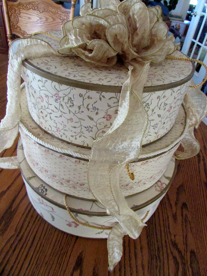 3 Large Vintage Victorian Hat Boxes Round Stackable Gold Cords w/Bow ...