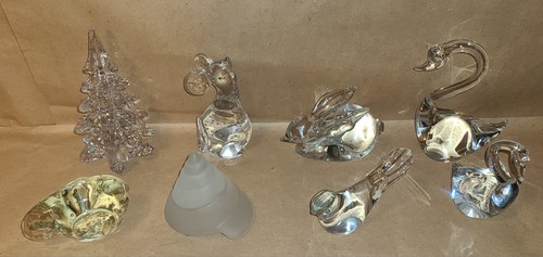 8 Glass Art paperweight Lot Elephant Bird Mouse Tree Rabbit Lg Swan Sm ...