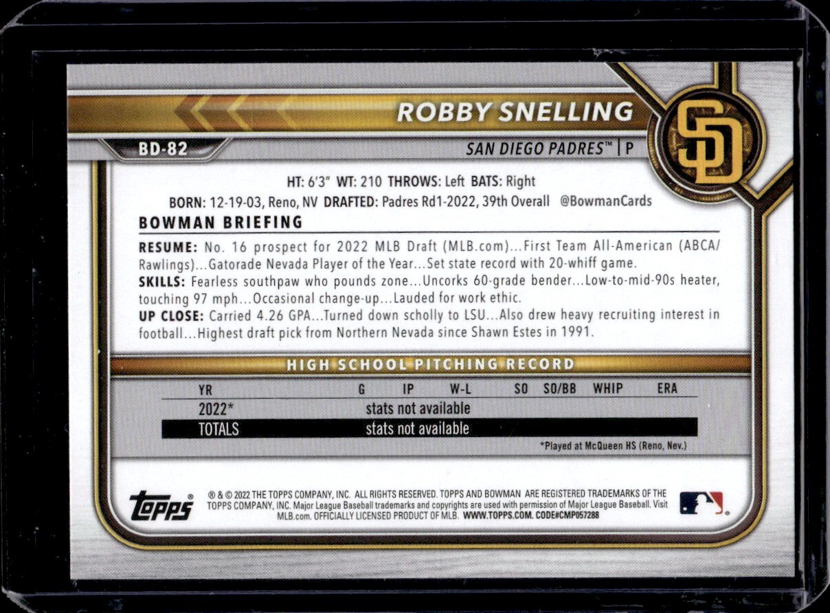 Robby Snelling 2022 Bowman Draft Baseball - 1st #BD-82 - San Diego ...