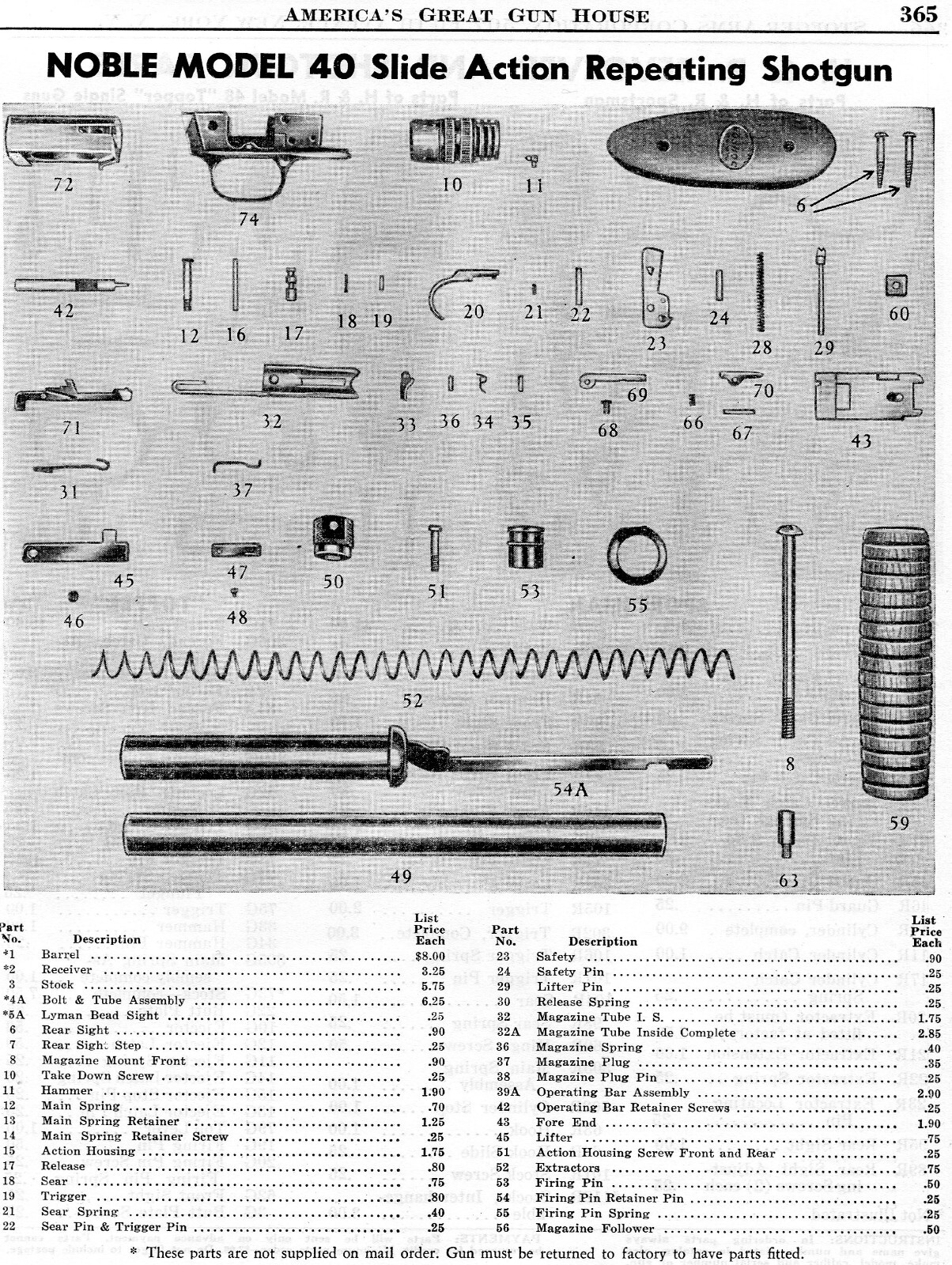 1953 Print Ad of Noble Model 40 Slide Action Repeating Shotgun Parts ...