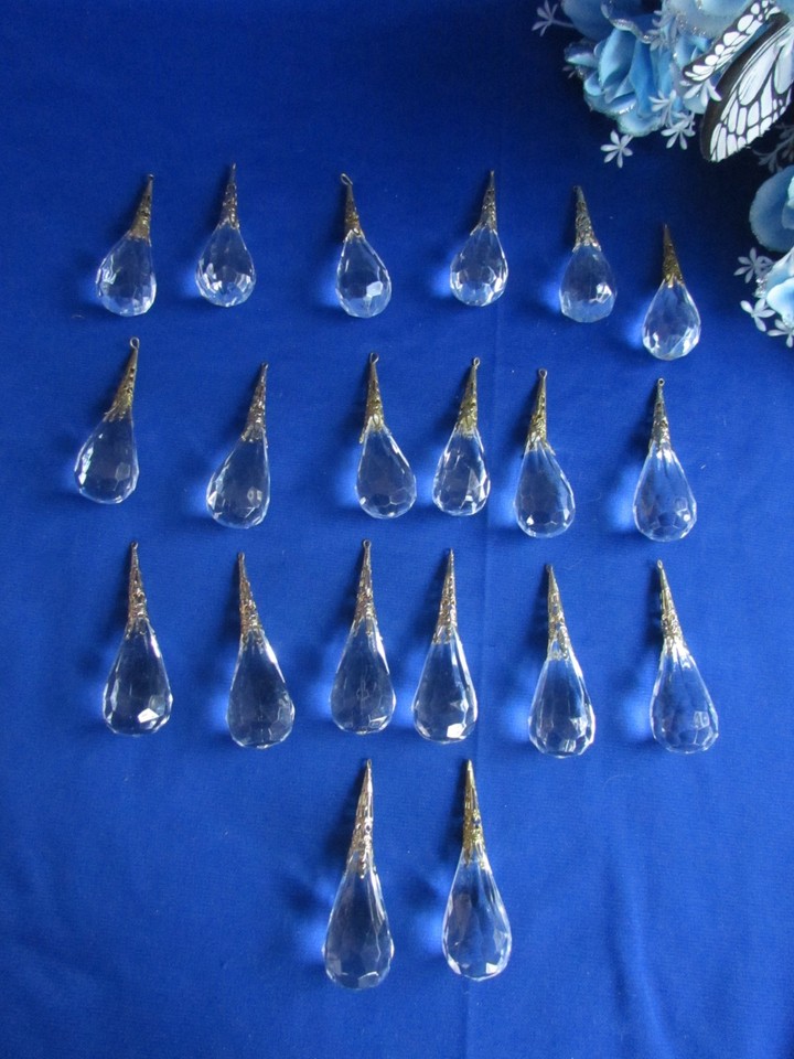 VTG LOT 20 ACRYLIC TEAR DROP PRISMS W GOLD TONE HANGER ORNAMENTS ...