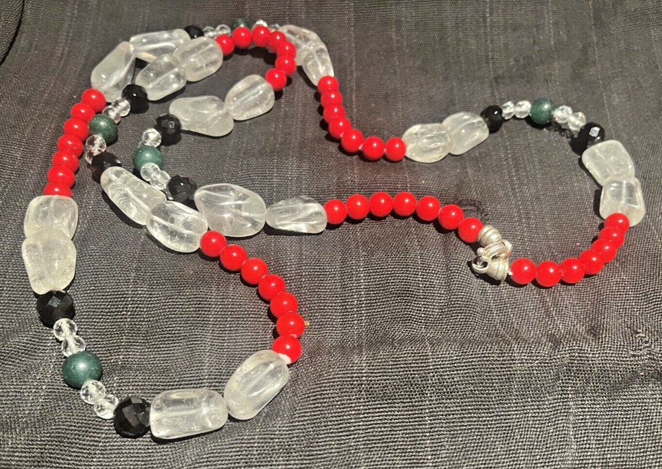 UNIQUE DESIGNER BEVILLED BEADS ONYX JADE CORAL ROCK CRYSTAL 46CM ...