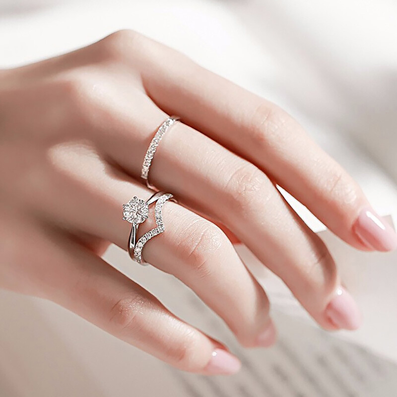 Fashion Top Quality Sparkling V Shape Stackable Rings Simple Adjustable ...