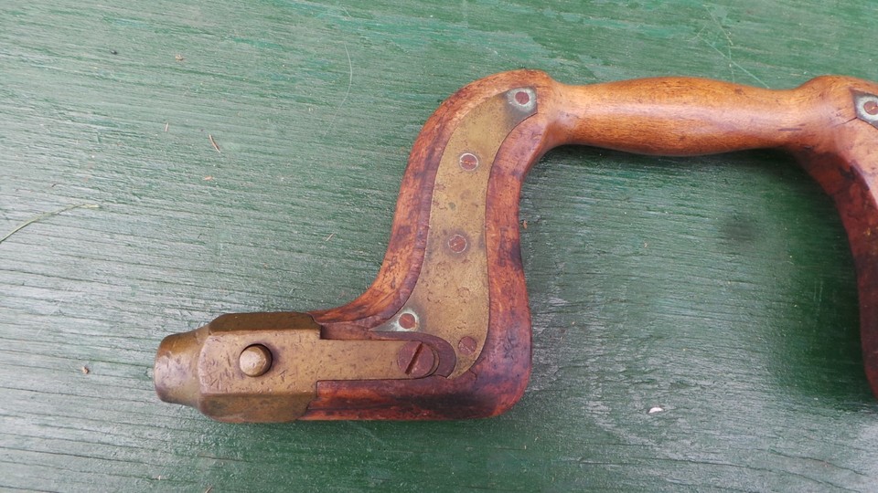 ANTIQUE Wood Brass Bit Brace with Brass Trim Woodworking Tool Drill ...