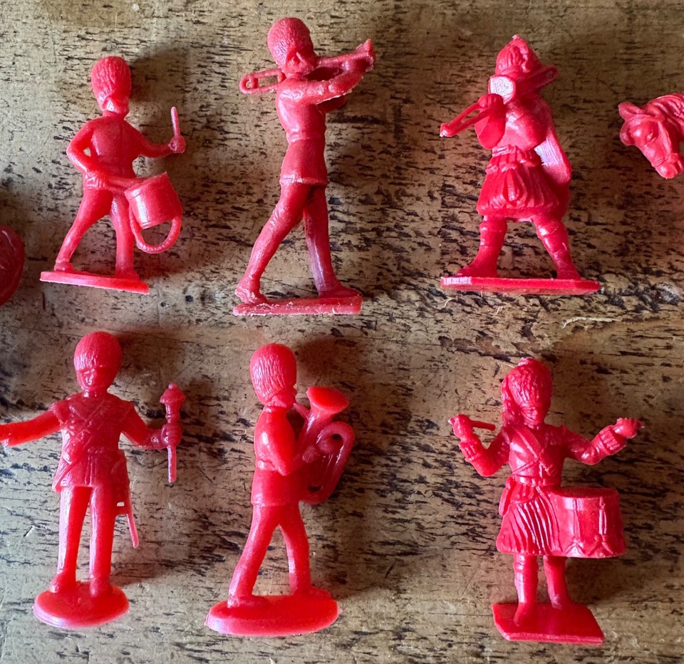 vintage 1960s plastic toy figures, red soldiers, bandsmen, etc poss ...