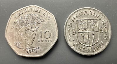 2 Mauritius Coins (1990 & 1997) 1 & 10 Rupee Coins - Mauritian Rupees ...