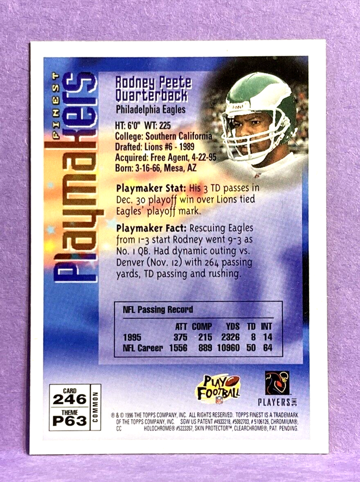 1996 Topps Finest RODNEY PEETE Card #246 Eagles | eBay