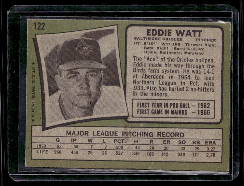 1971 Topps #122 Eddie Watt Baltimore Orioles EX Baseball Card *B223 | eBay