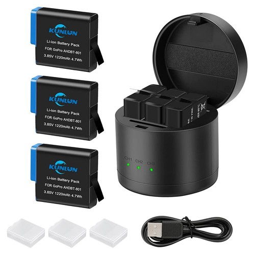 3 Pack Hero 8 Battery and Triple Batteries Charger for GoPro Hero 8/7/6 ...