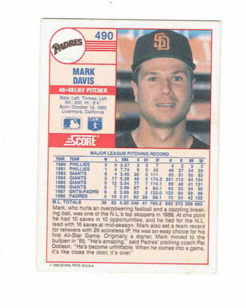 Mark Davis San Diego Padres #48 RP #490 Score 1989 #Baseball Card | eBay