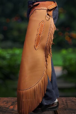 Western Leather Chinks with Handmade Fringe and Tooled Basket Weave ...