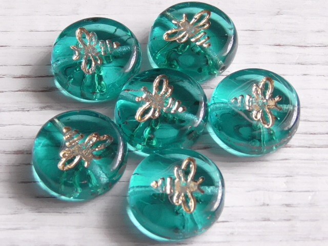 6 - 12mm CZECH HONEY BEE ZIRCON BLUE GOLD WASH COIN GLASS BEADS, INSECT ...