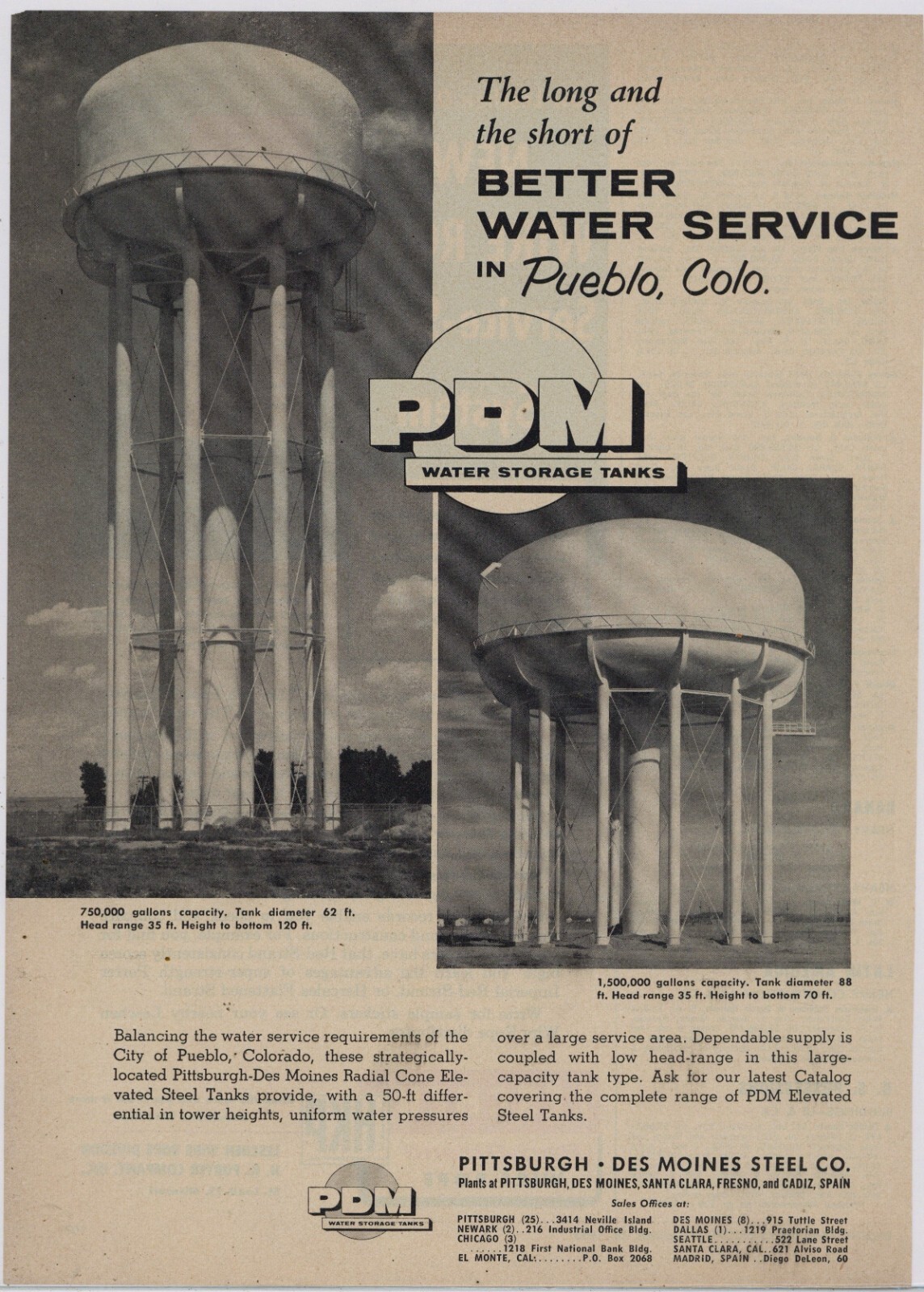 1956 PDM Water Storage Ad: Pueblo, Colorado Water Tanks, Towers - | eBay