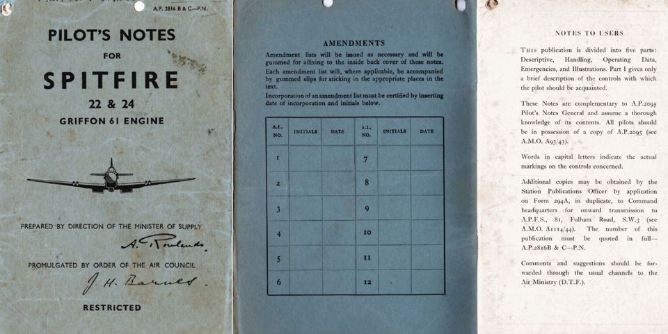 SUPERMARINE SPITFIRE 1940's RARE PILOT MANUALS XIV XIX 22 24 GRIFFON ...