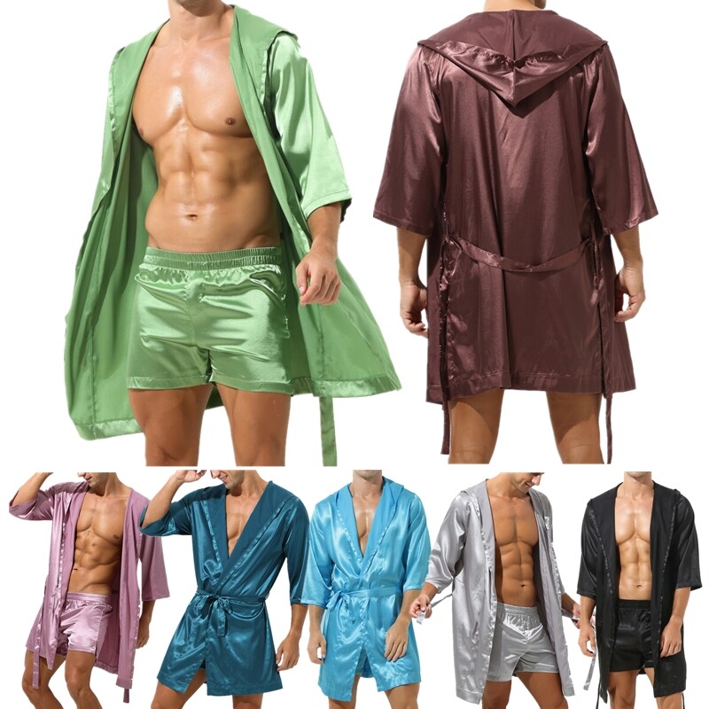 Men Satin Kimono Robes Classic Silky Bathrobe Open Front Hooded Robes ...