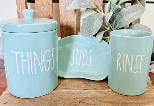New Rae Dunn 4pc Turquoise Blue Tissues Things Suds Rinse Bath Washroom ...