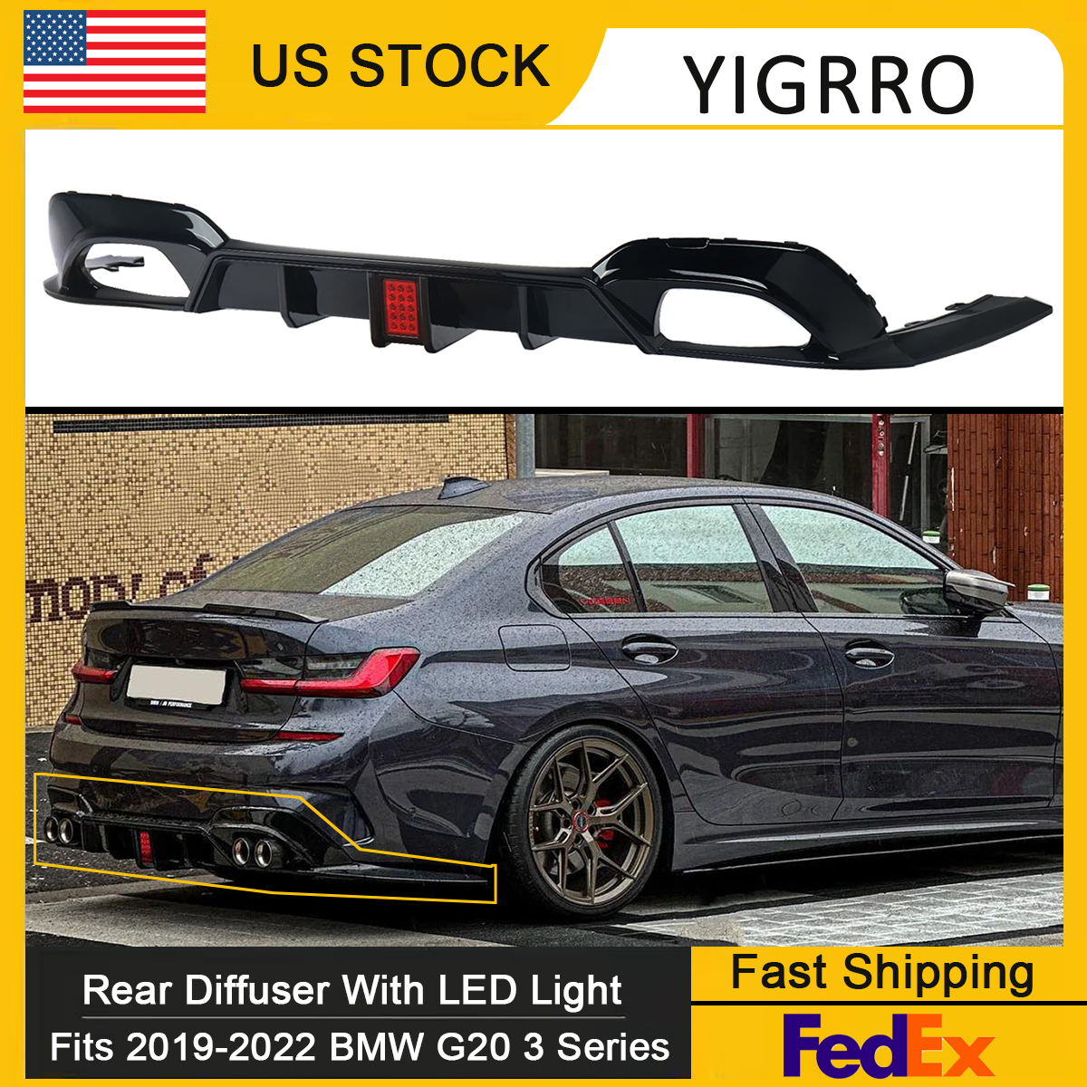 CMS Gloss Black Rear Diffuser W/ LED Light For 19-22 BMW 3 Series G20 ...