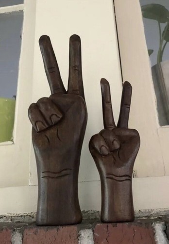 Set Of 3 Hand Carved Wooden Peace Sign Hand Statue ( 6”, 8” & 11” One ...