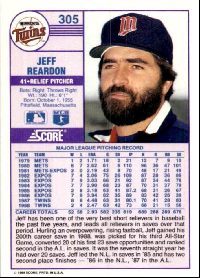 1989 Score Baseball Card Jeff Reardon B Minnesota Twins #305 | eBay