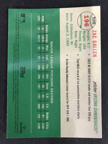 2023 Topps Chrome Platinum Anniversary #196 Zac Gallen Arizona ...