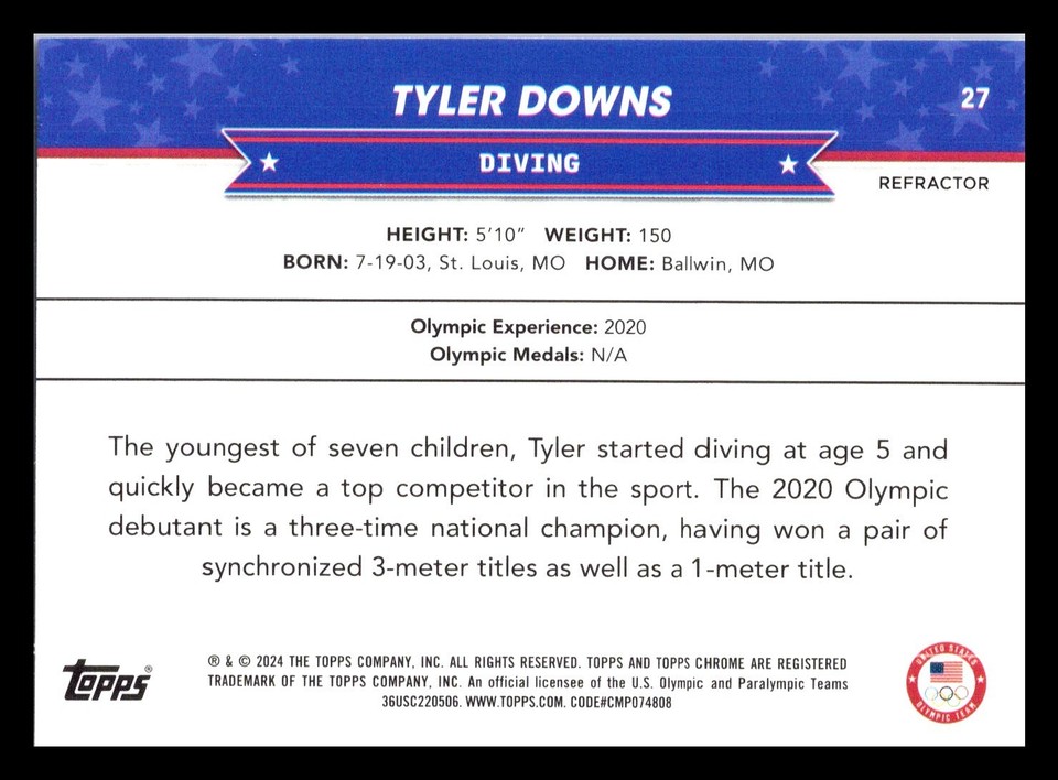 2024 Topps Chrome Olympics #27 Tyler Downs Refractor Diving USA | eBay