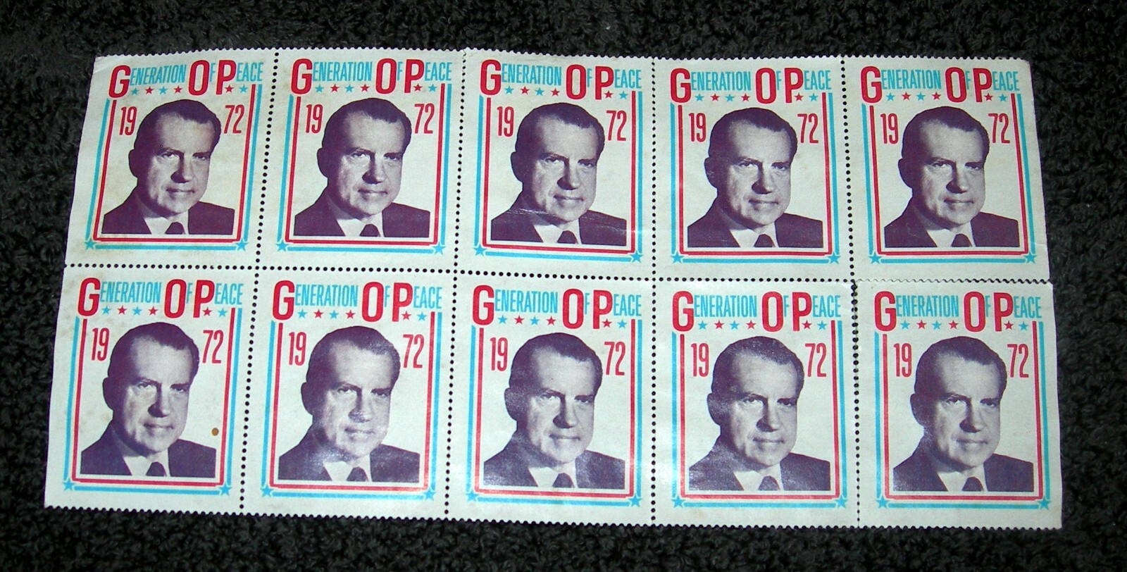 1972 GOP Generation Of Peace Richard Nixon Page of 10 Stamps Political ...