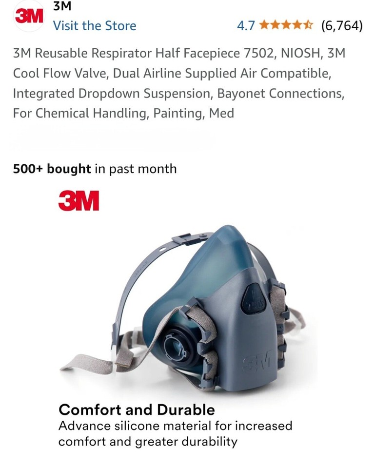 3M 7502 37082 Cool Flow Reusable Half FACE MASK Respirator MED **FREE ...