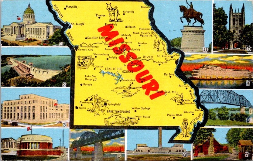 Vintage Postcard Missouri State Map and Points of Interest Missouri MO ...