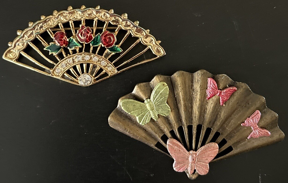 Vintage 2 Metal Figural Fan Brooch Pins~ Rhinestones ~ Butterflies | eBay