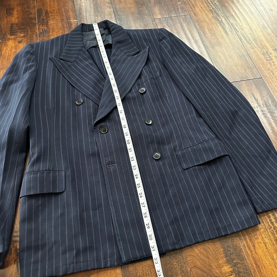 40s Pinstripe Blue Double Breasted Suit Jacket Wool 38 40 Navy Blue ...