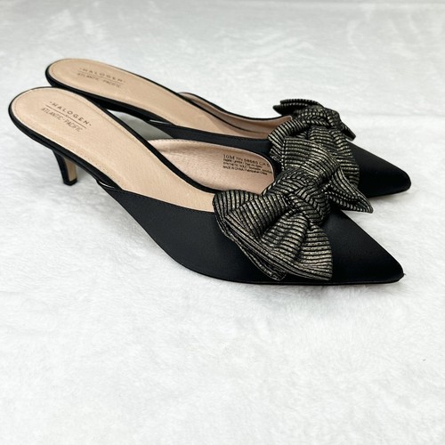 Halogen Heels Mules Womens 10 Black Satin Gold Stripe Bows Slip On Low ...