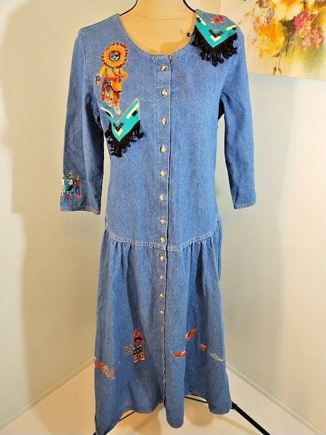 Vintage Denim Dress Native American Button Front Full… - Gem