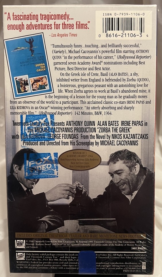 Zorba the Greek [VHS Tape] Anthony Quinn, Alan Bates, Irene Papas ...