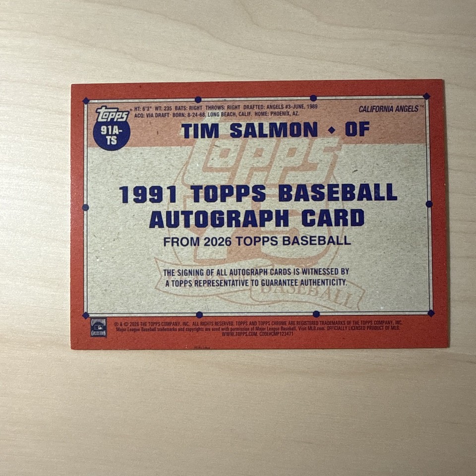 2026 Topps Series 1 Tim Salmon 1991 Topps Baseball On Card Auto ...