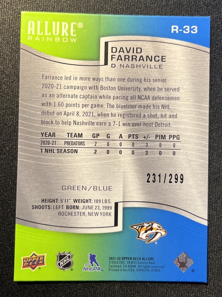 2021 UD Allure Rookie David Farrance Green / Blue Rainbow /299 | eBay