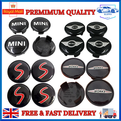 MINI CENTRE CAPS WHEEL HUB 4 X SET ALLOY BADGE EMBLEM BLACK LOGO 54mm ...