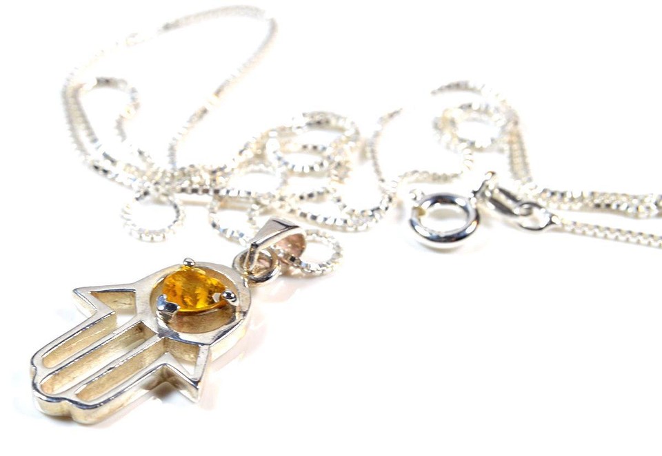 925 Silver Hamsa hand of God yellow CZ heart pendant Israel YAD 18 ...