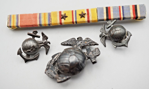 WWII USMC Marine EGA Hat Badge, Collar EGA Set & Ribbon Bar W/ 2 ...
