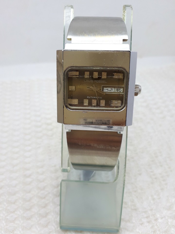 VINTAGE LOUIS ROSSEL SQUARE AUTOMATIC WRIST WATCH MEN’S RARE DAY/DATE ...